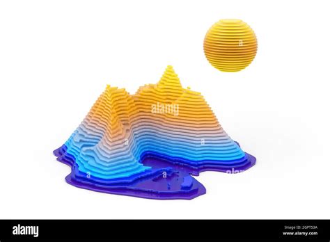 Abstract Landscape Topologic Layers Cut Style Scene With Sun Mount And Sea On A White