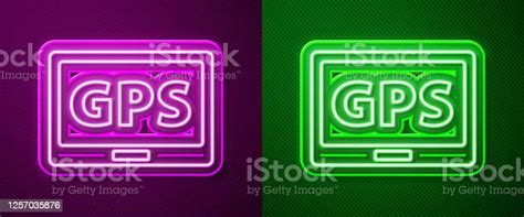 發光霓虹燈線gps設備與地圖圖示隔離在紫色和綠色背景向量插圖向量圖形及更多光圖片 光 全景 全球定位系統 Istock