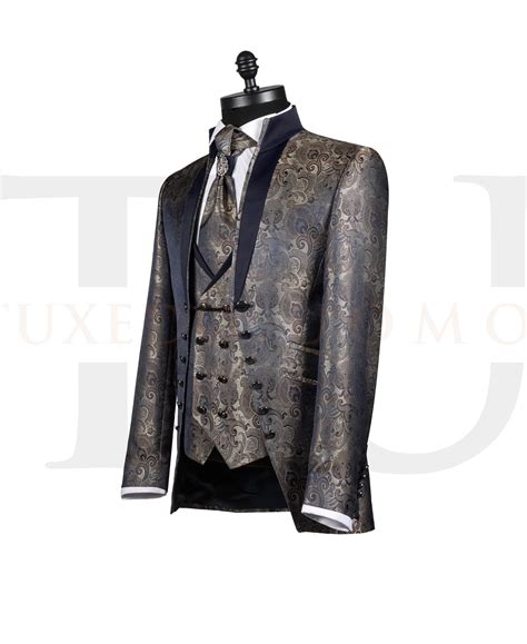 5086 3 4 Piece Silver And Navy European Model Tuxedo With Vest And