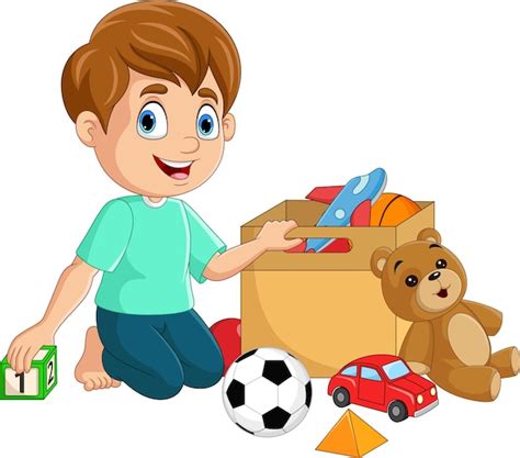 Cartoon Kleiner Junge Spielt Mit Vielen Spielsachen Premium Vektor