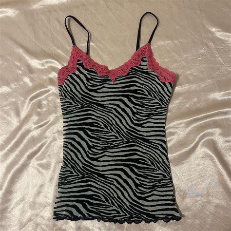 Black And Pink Zebra Print Tank Top With Lace Detail Depop