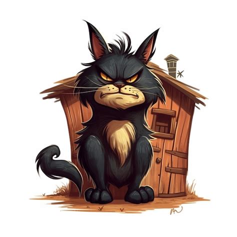 Gato de dibujos animados sentado frente a una pequeña cabaña de madera