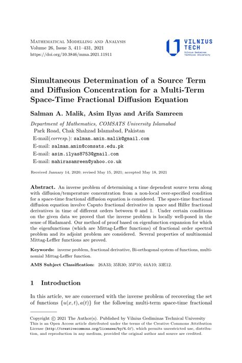 Pdf Simultaneous Determination Of A Source Term And Diffusion Concentration For A Multi Term
