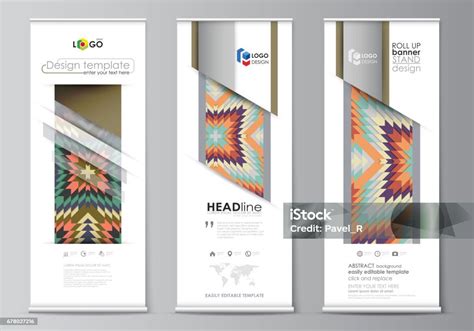 롤 배너 스탠드 추상적인 디자인 기하학적 스타일 템플릿 기업의 수직 벡터 전단지 플래그 레이아웃 부족 패턴 Ethno Syle