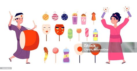 일본 축제 요소 일본의 상징 귀여운 아이들은 기모노를 착용합니다 유카타에서 여름 소년 소녀 여행 및 휴일 아시아 음식 마스크
