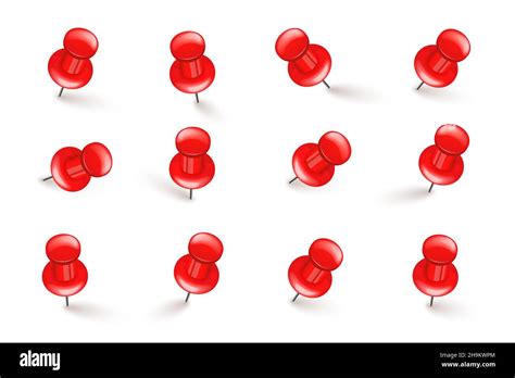 Realistic Red Push Pins Board Tacks Isolated On White Background
