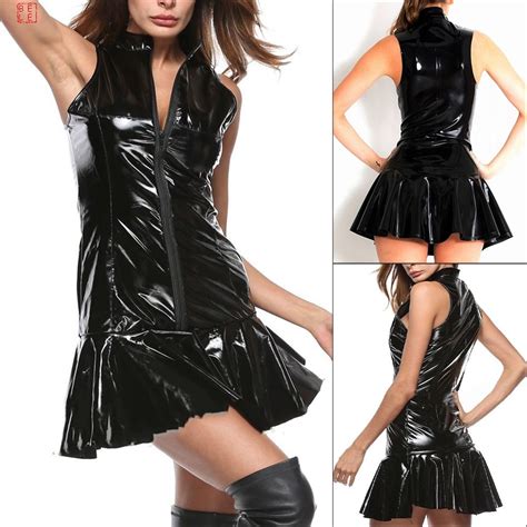Bele Women Wetlook Shiny Pvc Leather Dress Zip Pleated Short Dress