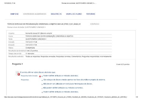 Tópicos Especiais De Programação Orientada A Objetos Questionário Unidade Ii Revisar Envio