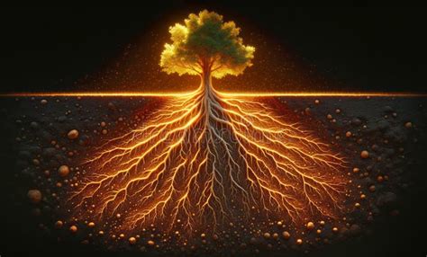 Luminous Tree Roots Extend Deeply In Rich Soil Metaphor For Growth Stock Illustration