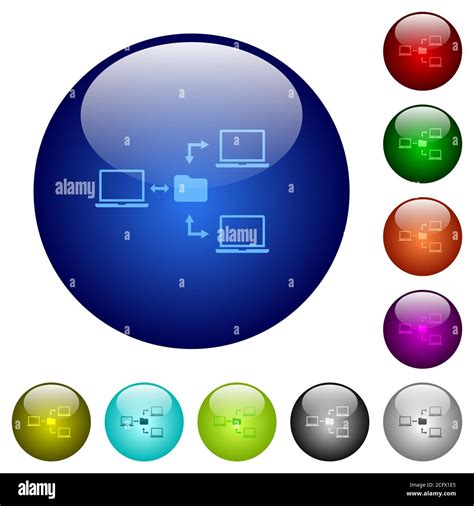 Network File System Icons On Round Glass Buttons In Multiple Colors Arranged Layer Structure
