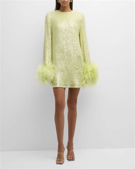 Area Feather Trim Denim Mini Dress Neiman Marcus