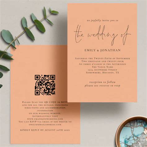 Elegant Script Peach Qr Code Wedding Invitation Zazzle