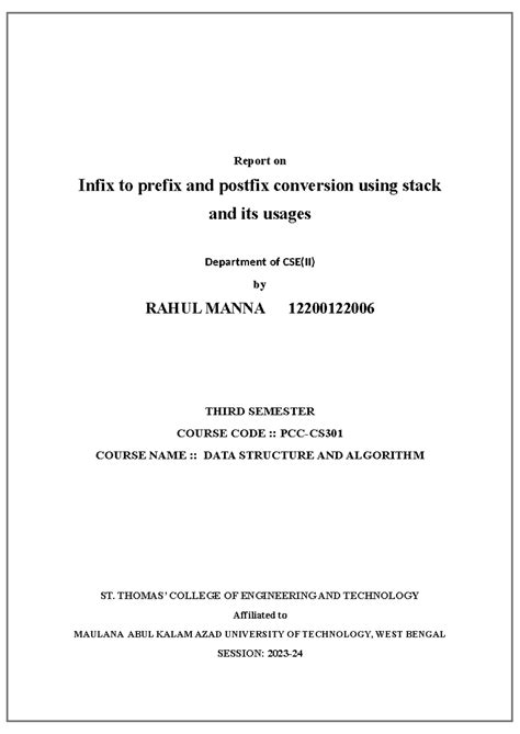 Dsa Report Report On Infix To Prefix And Postfix Conversion Using Stack And Its Usages