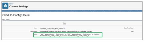 auhc custom setting timesheet cost centre field names