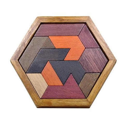 12pcs Hexagon Tangram Jigsaw Puzzles Wooden Puzzle Games Brain Puzzles