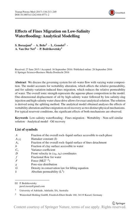 Effects Of Fines Migration On Low Salinity Waterflooding Analytical Modelling Request Pdf