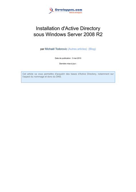Pdf Sous Windows Server 2008 R2 Installation Dactive Dactive Directory Sous Windows Server