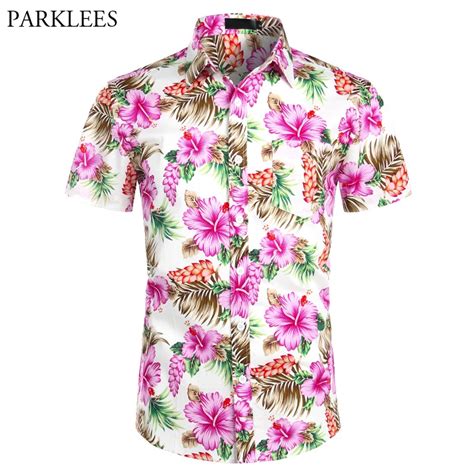 Hawaiian Shirts Mens Tropical Pink Floral Beach Shirt Summer Short