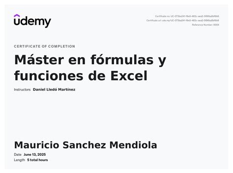 My Course Completion Certificate For Máster En Fórmulas Y Funciones De Excel Mauricio