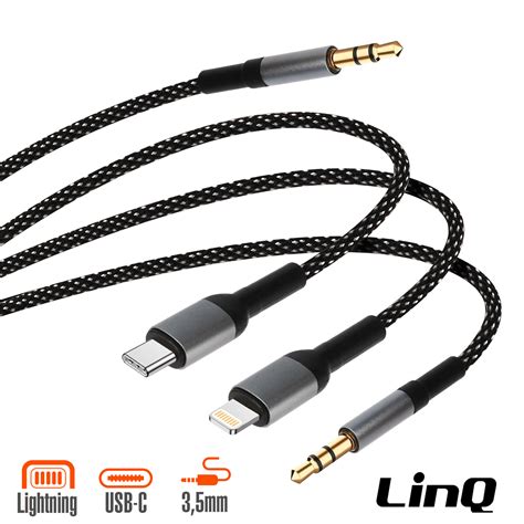 Cabo Áudio 3 em 1 Jack 3 5mm para Jack 3 5mm Lightning e USB C Nylon
