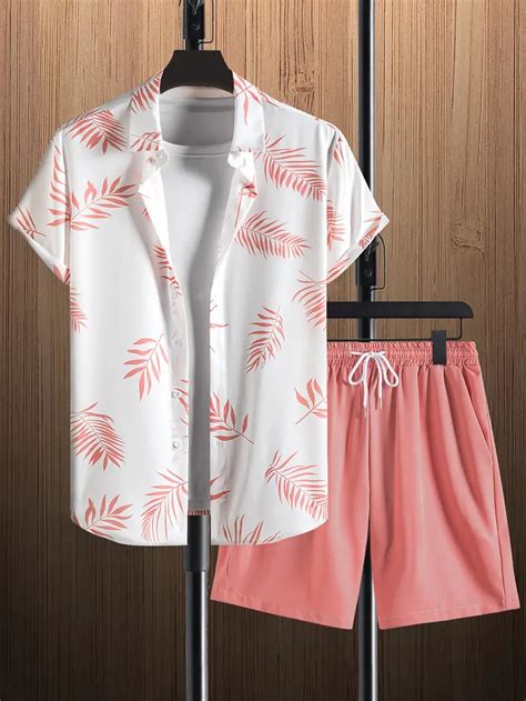 Mens Two Piece Outfits Leaf Print Button Shirt Drawstring Temu Australia