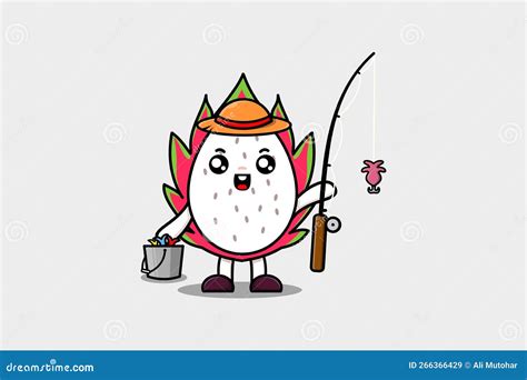 Cute Cartoon Dragon Fruit Ready Fishing Character Stock Vector