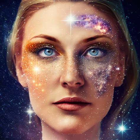 Ravishing Girl Portrait Face Merge With Galaxy In Double Exposure