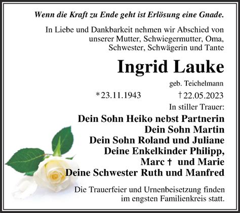 Traueranzeigen Von Ingrid Lauke Abschied Nehmende