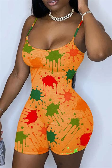 Wholesale Grey Sexy Print Patchwork Spaghetti Strap Skinny Rompers