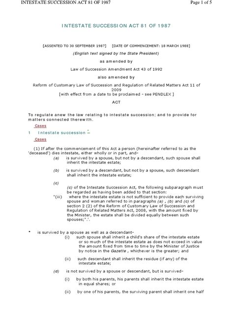 Intestate Succession Act 81 Of 1987 Pdf Intestacy Virtue