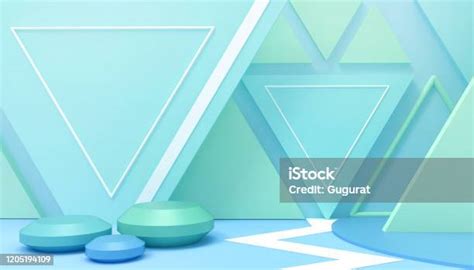 연단 삼각형 현대 기하학적 모양 창조적 인 추상 적 구성과 벽 블루에 최소한의 예술 개념 녹색 배경 3d 렌더링 3차원 형태에 대한 스톡 사진 및 기타 이미지 Istock