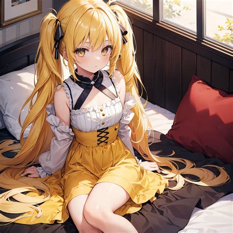 Anime Girl Sitting On A Bed With A Pillow And A Pillow Seaart Ai