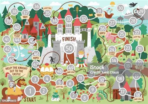 중세 마을 풍경을 가진 아이들을위한 동화 주사위 보드 게임 매직 킹덤 보드게임 동화 활동 또는 아이들을위한 인쇄 워크 시트 기사가 성에 도착 도와주세요 지도에 대한 스톡