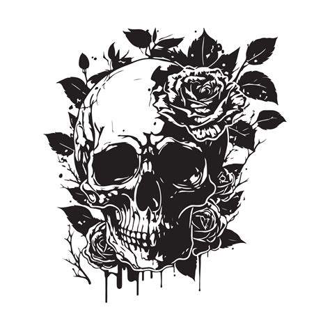 Skull With Rose Flower Black Outline Vector Human Skull With Rose