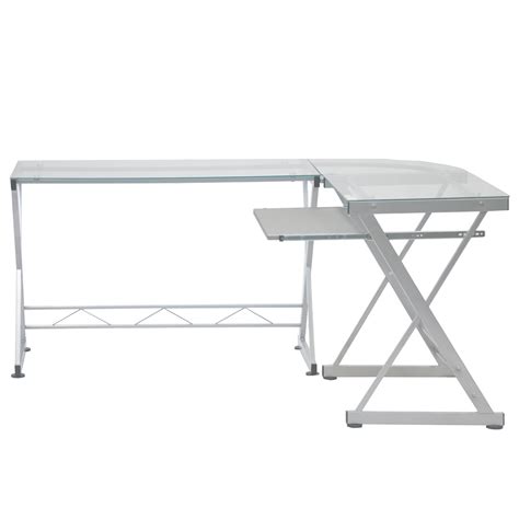 L Shaped Tempered Glass Top Computer Desk With Pull Out Keyboard Panel