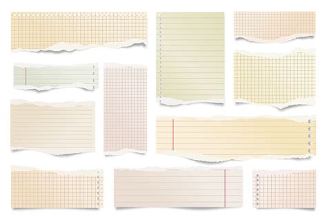 흰색 배경에 고립 된 다채로운 찢어진 종이 스트립 찢어진 가장자리가있는 현실적인 줄 지어 종이 스크랩 스티커 노트 노트북 페이지의 조각 벡터 일러스트레이션 고철에 대한 스톡