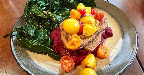 Pan Fried Flank Steak Puréed Beats Roasted Cherry Tomatoes And
