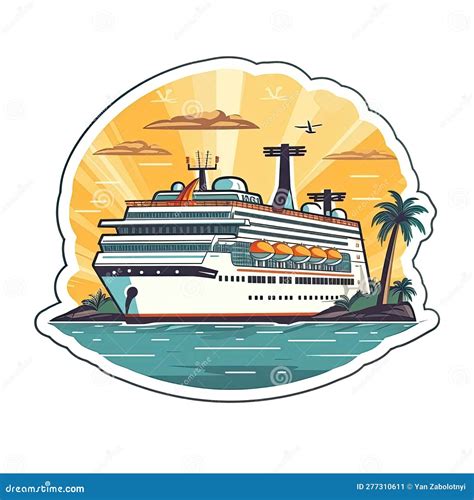 Cruise Ship In Cartoon Style Stiker On White Background On Isolated
