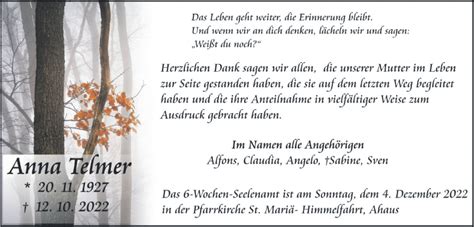 Traueranzeigen Von Anna Telmer Sich Erinnernde