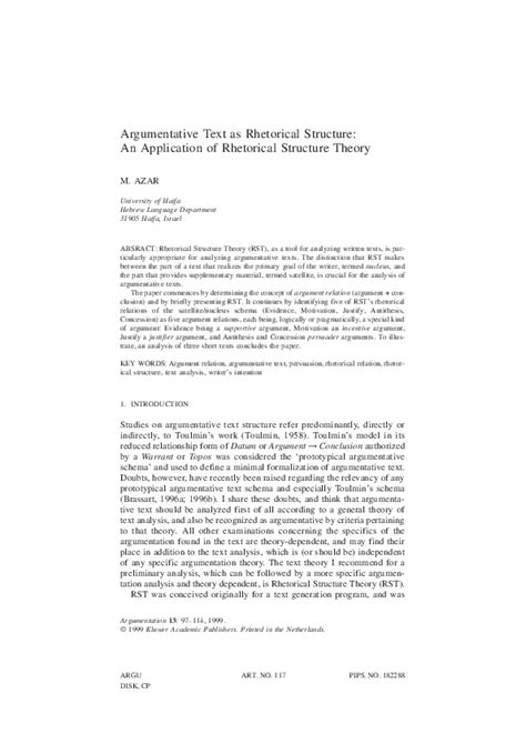 Pdf Argumentative Text As Rhetorical Structure An Application Of