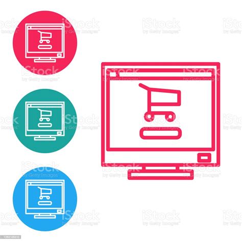 흰색 배경에 격리 된 화면 컴퓨터 아이콘에 빨간색 줄 쇼핑 카트 개념 전자 상거래 전자 비즈니스 온라인 비즈니스 마케팅 원