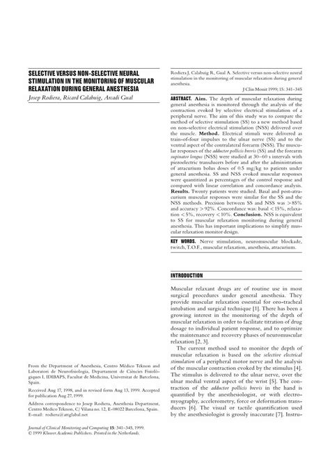 Pdf Selective Versus Non Selective Neural Stimulation In The Monitoring Of Muscular Relaxation