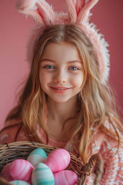 Premium Photo Girl In Bunny Ears Holding Basket Of Eggs