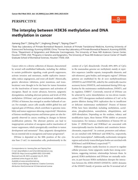Pdf The Interplay Between H3k36 Methylation And Dna Methylation In Cancer