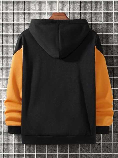 Men Color Block Letter Embroidery Kangaroo Pocket Drawstring Thermal