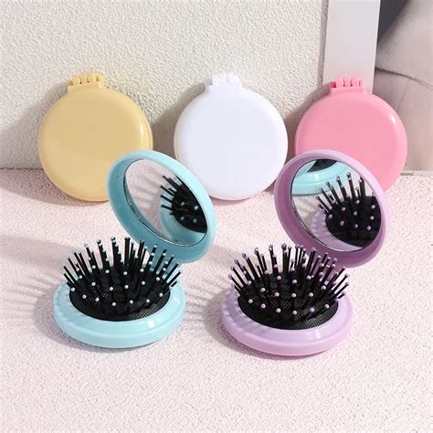 접이식 거울이 있는 소형 헤어 빗 여행용 휴대용 마사지 접이식 빗 여성 소녀 헤어 브러시 거울 스타일링 도구