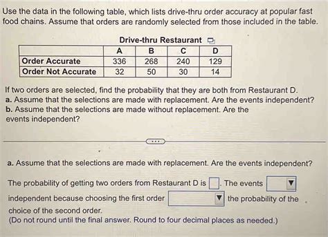 Solved Use The Data In The Following Table Which Lists Drive Thru