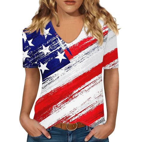 Kddylitq Stars Striped American Flag T Shirts For Women Patriotic Tunic
