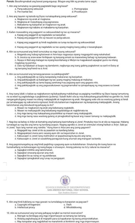 Panuto Basahingmabuti Ang Bawat Pangungusap StudyX