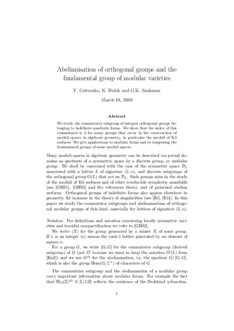Pdf Abelianisation Of Orthogonal Groups And The Fundamental Group Of Modular Varieties